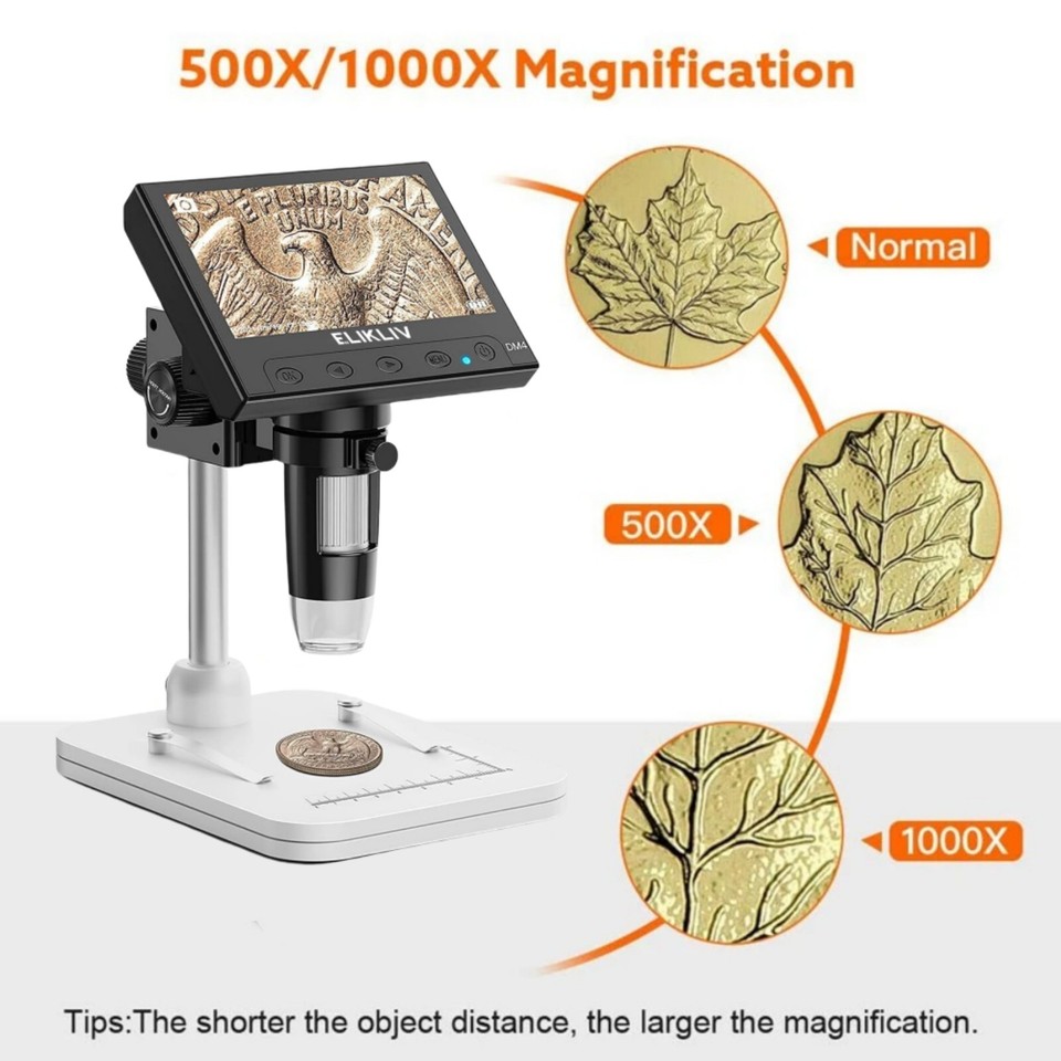 Elikliv 1000X Digital Microscope 4.3" LCD 8LEDs USB to PC for Coin ...