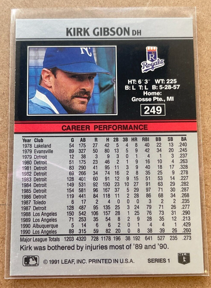 1991 Leaf Card # 249 Kirk Gibson - Kansas City Royals | eBay