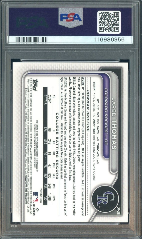 2024 Bowman Chrome HTA Choice Refractor Jared Thomas RC AUTO /150 PSA ...