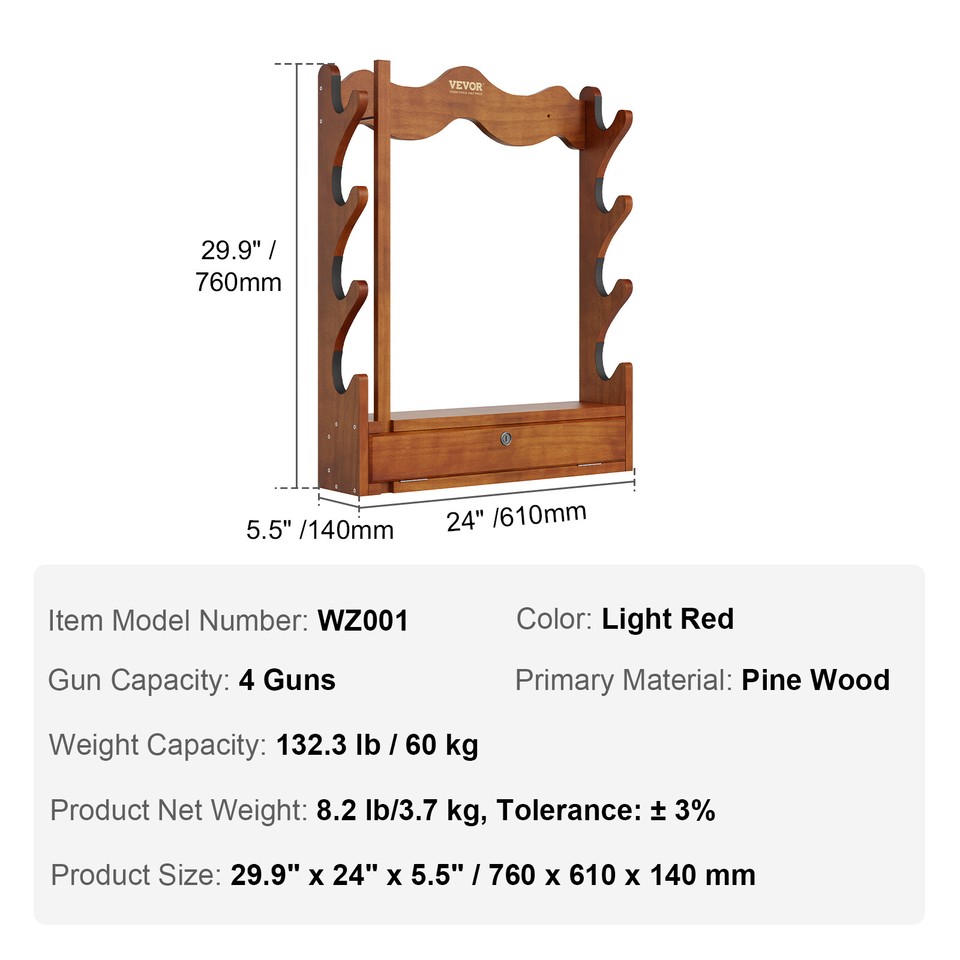 VEVOE Gun Rack 4-Slot Wood Gun Rack Wall Mount Gun Display Rack holds 4 ...