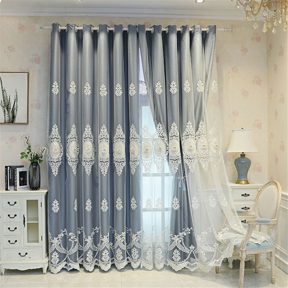 Luxury 3D Floral Embroidered Curtain Double-Layer Curtain for Bedroom 1 ...