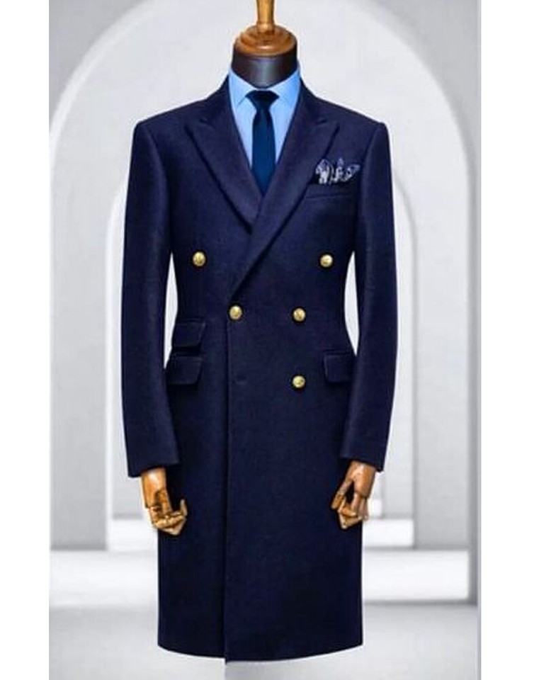 Navy Blue Men's Overcoat Double Breasted Peak Lapel Outdoor Casual Long ...