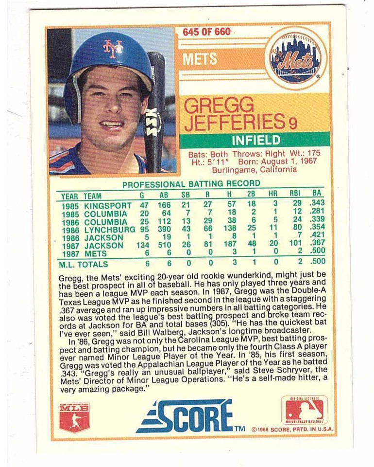 1988 Score Gregg Jefferies Rookie Prospect Baseball Card #645 MLB New ...