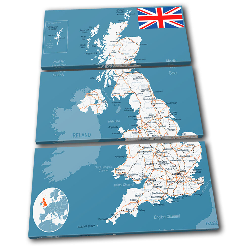 Britain United Kingdom Atlas Maps Flags TREBLE CANVAS WALL ART Picture ...