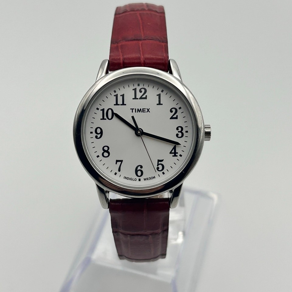 Timex Silver Tone Red Leather Band Indiglo Women’s Watch Working New ...