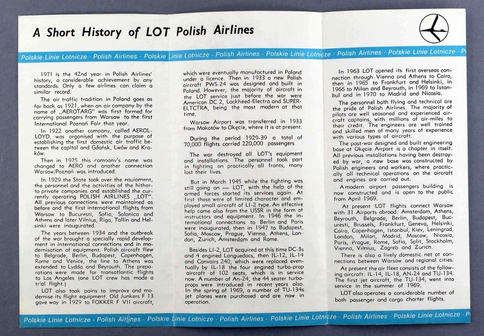 LOT POLISH AIRLINES VINTAGE AIRLINE BROCHURE HISTORY & ROUTE MAP 1960’S ...