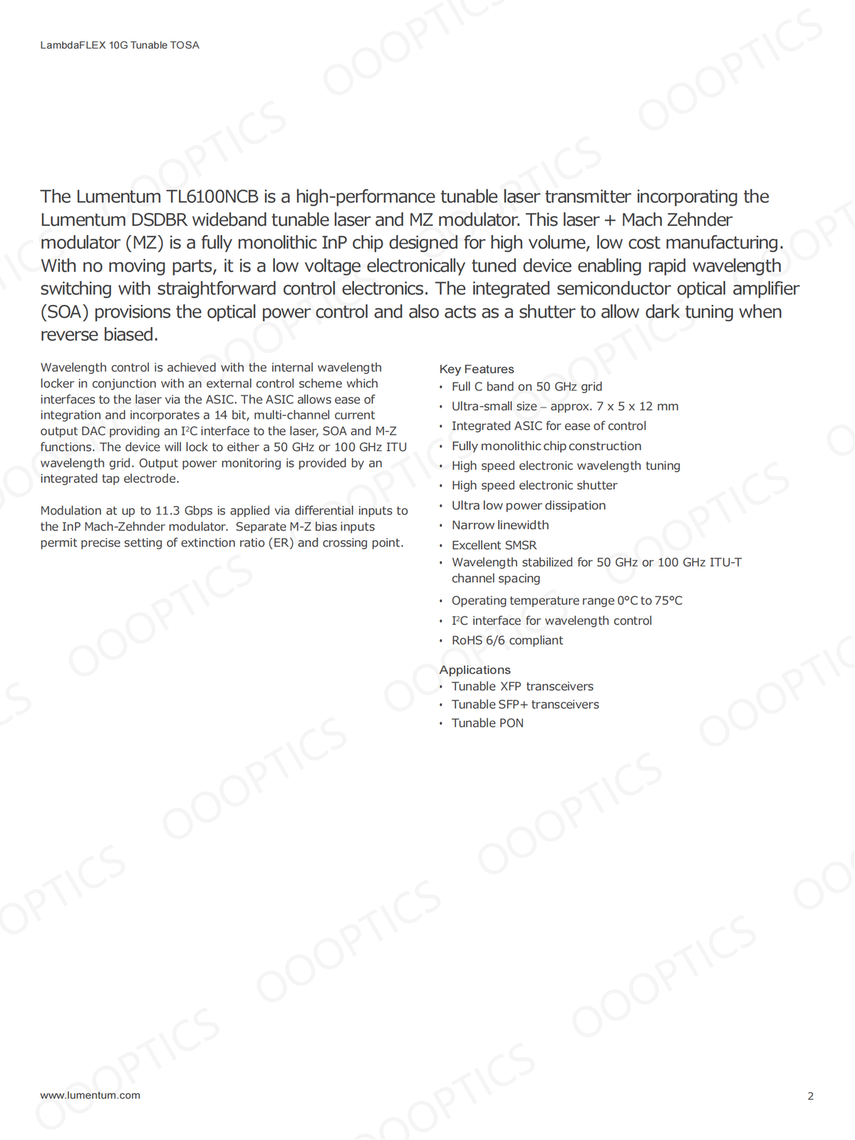 Lumentum 10G Tunable TOSA XFP SFP+ TL6000 DSDBR Wideband Laser MZ ...