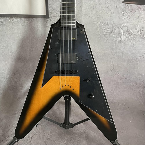 Flying V Vintage Sunburst Electric Guitar Strings Thru Body Black Pick ...