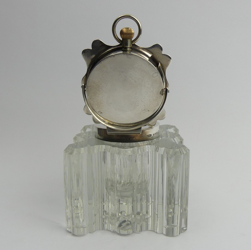 EDWARDIAN ANTIQUE SILVER & GLASS DESKTOP INKWELL - 8 DAY WATCH CLOCK ...