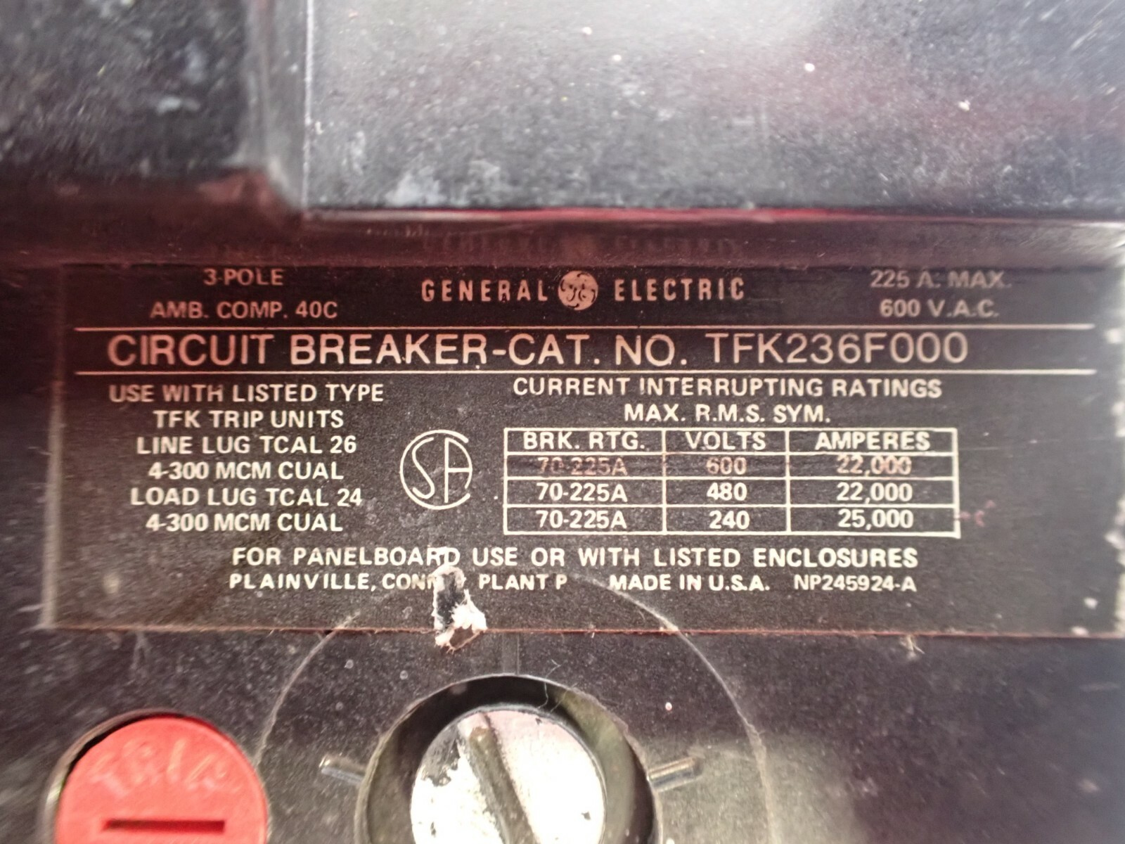 GE TFK236F000 200 amp 600 volt 3 Pole TFK236200 + 48VDC Shunt + Aux ...