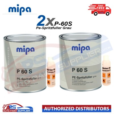 2X MIPA P60 S 2K Polyester Spray Filler + Hardener Primer Surface 1LTR ...