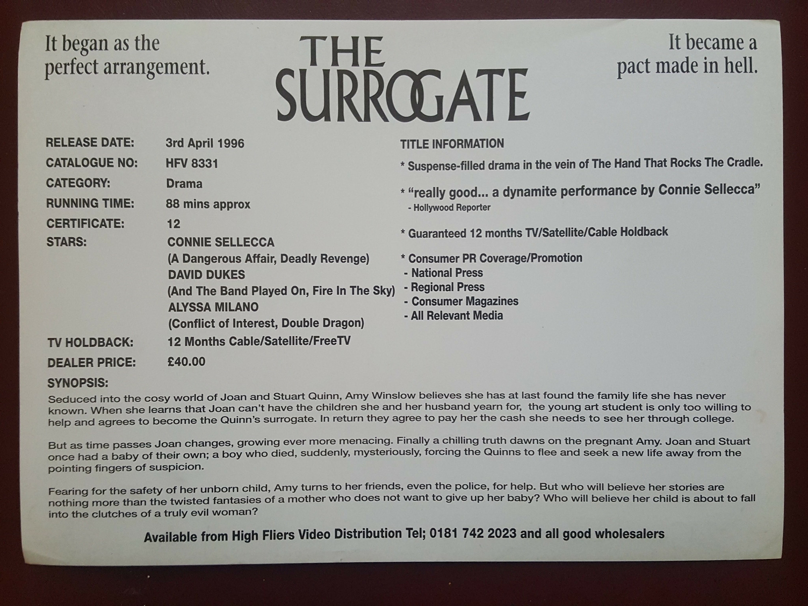 The Surrogate - High Fliers Video - Promo Sample Video Sleeve/Cover # ...