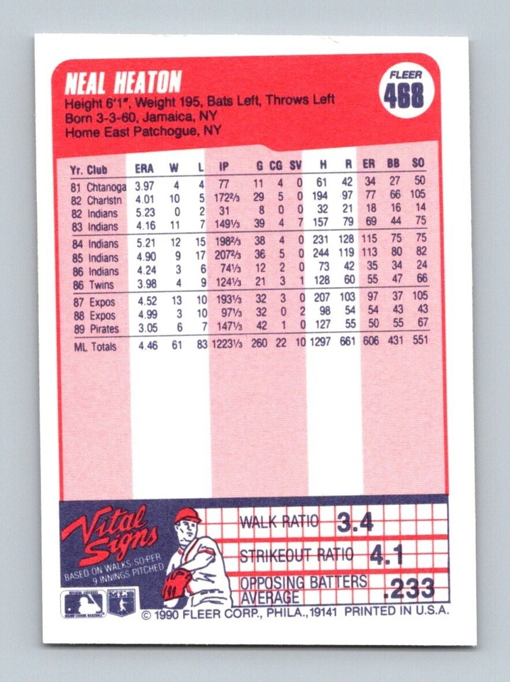 1990 Fleer Baseball Card #468 Neal Heaton Pittsburgh Pirates Pitcher | eBay