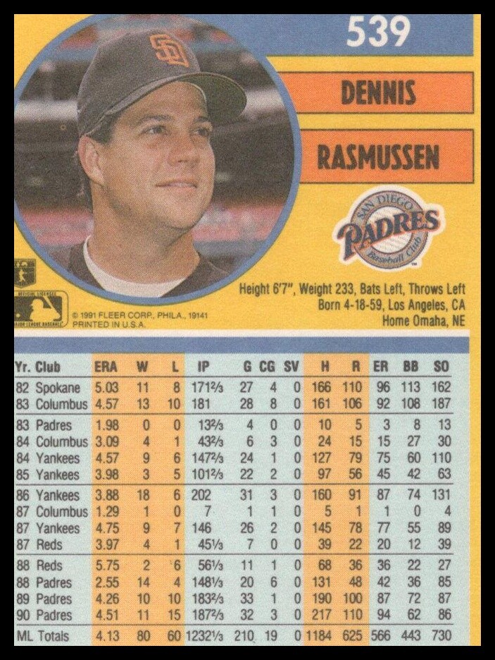 1991 Fleer #539b Dennis Rasmussen Base | eBay