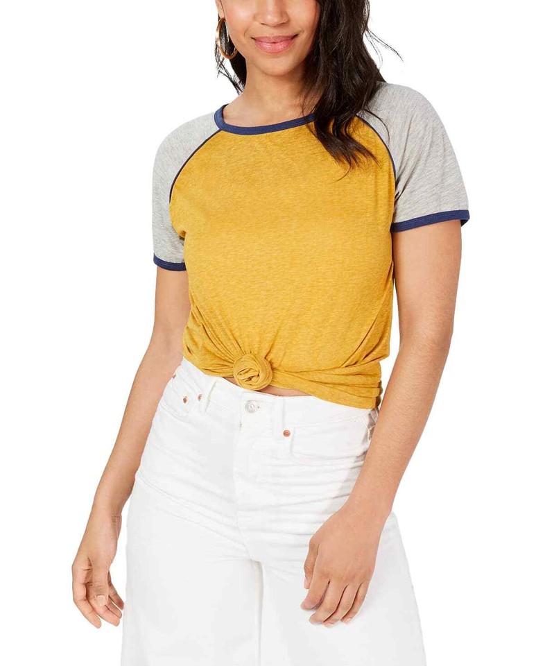 Ultra Flirt Women's Yellow Colorblock Knot Front Baseball T-Shirt - S ...