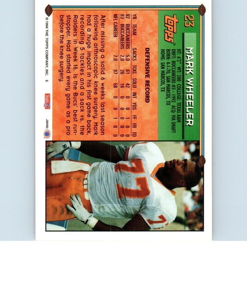 Mark Wheeler 23 Buccaneers 1994 Topps NFL Football Trading Card | eBay
