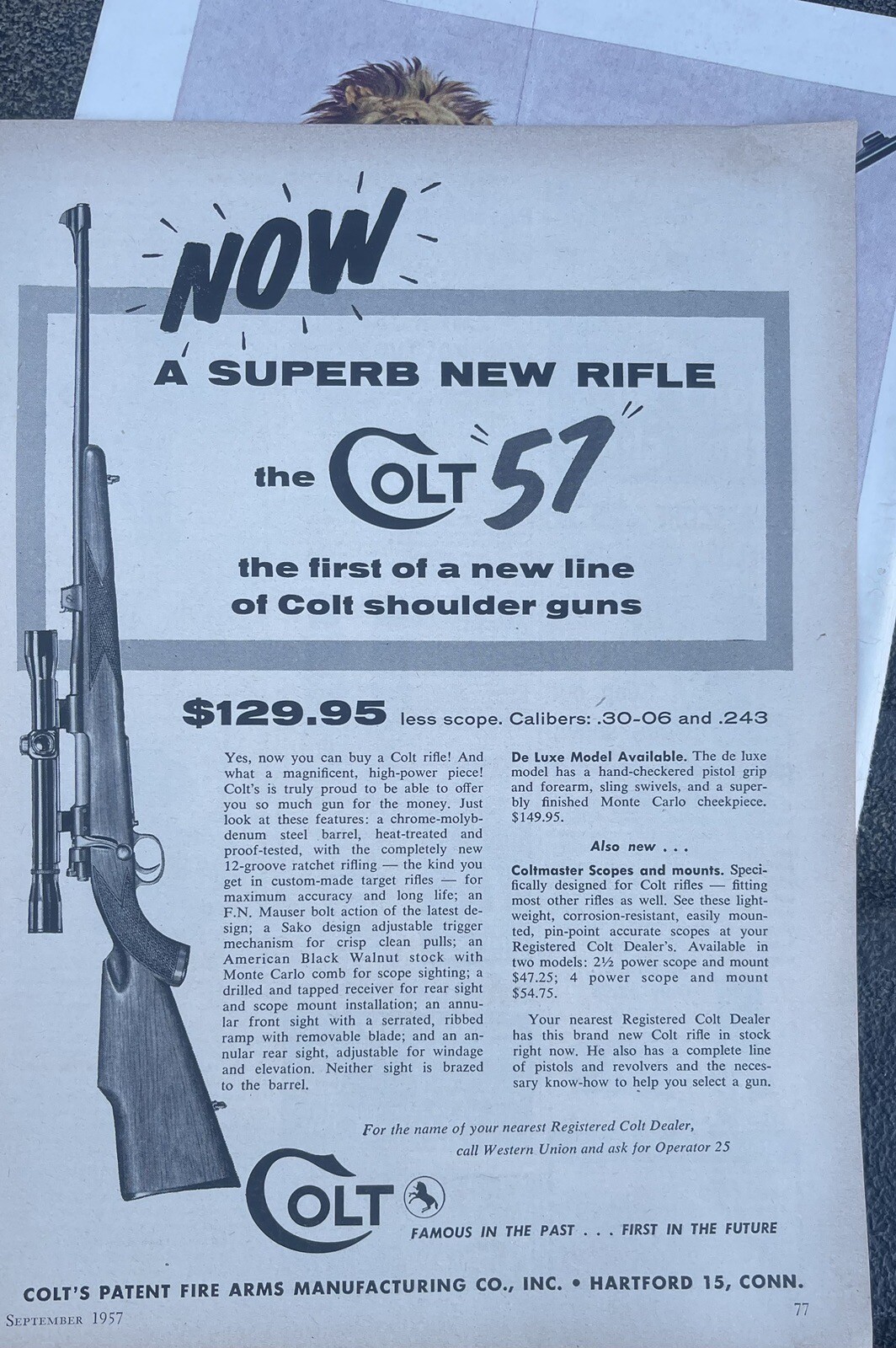 VINTAGE 1957 ADVERTISEMENT COLT 57 RIFLE .30-06 ,243 HUNTING 28 | eBay