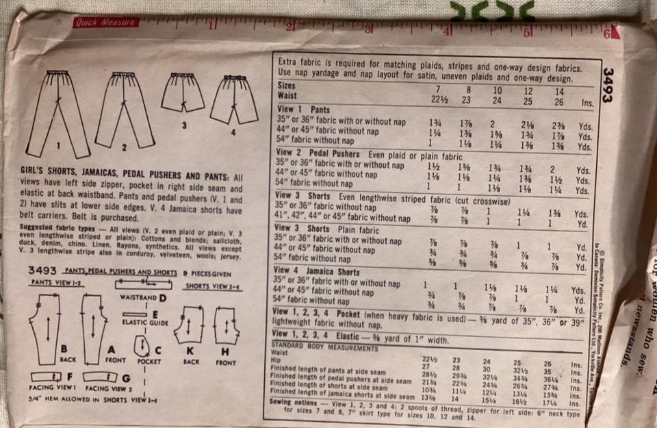 Simplicity girls shorts, jamaicas, pedal pusher pattern size 14 waist ...