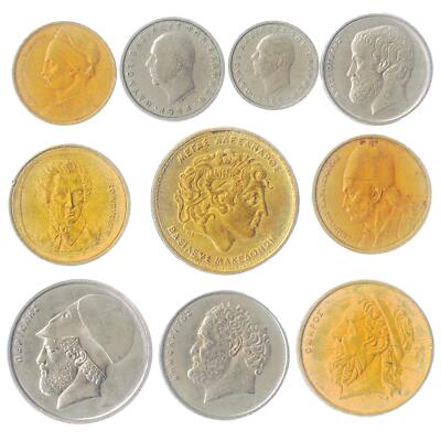 10 DIFFERENT COINS FROM GREECE. OLD GREEK MONEY: DRACHMAS, LEPTA. 1954 ...