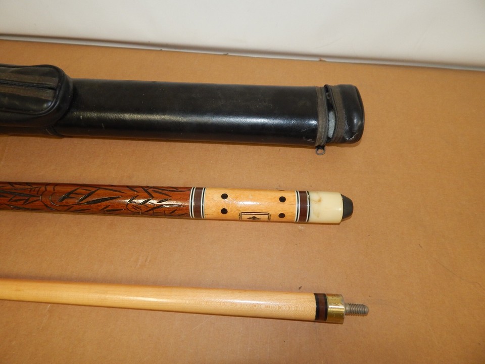 Vintage Pool Cue Stick Carved 57.5" Long w/ Leather Case Billiards 2 ...