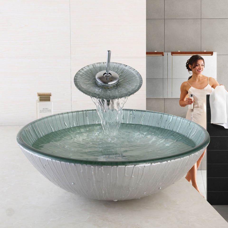 Bathroom Sinks Round Hand Painted Tempered Glass Bowl Basin Mixer ...