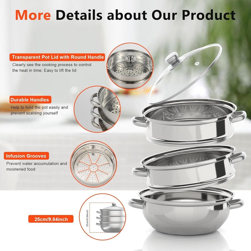 4PCS STEAMER COOKER POT SET PAN COOK FOOD GLASS LIDS 3 TIERS STAINLESS ...