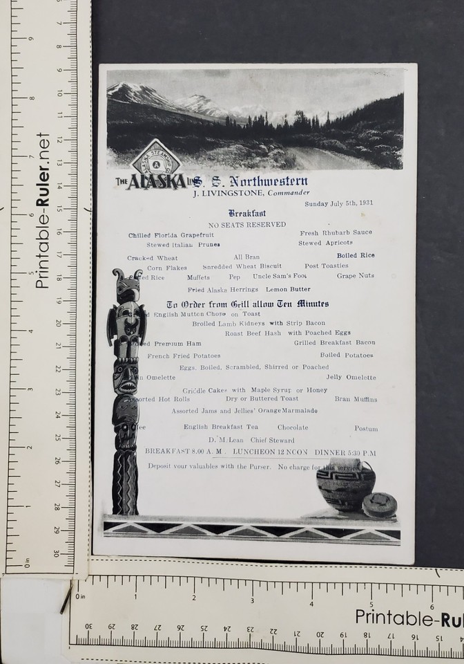 1931 Alaska Line SS Northwestern Cruise Ship Vintage Breakfast Menu | eBay
