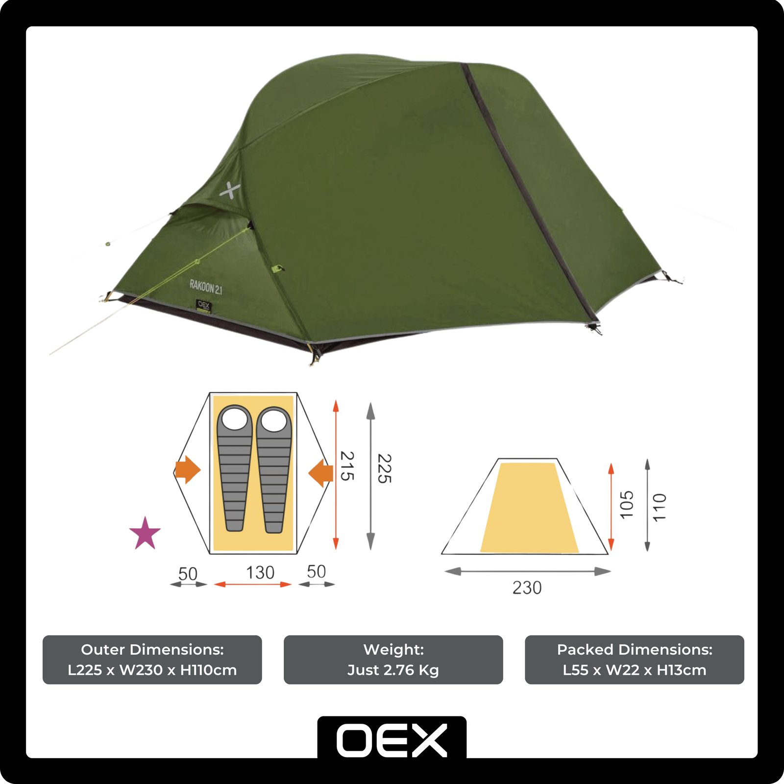 OEX Lightweight and Waterproof Rakoon II Tent for 2 people, Camping ...