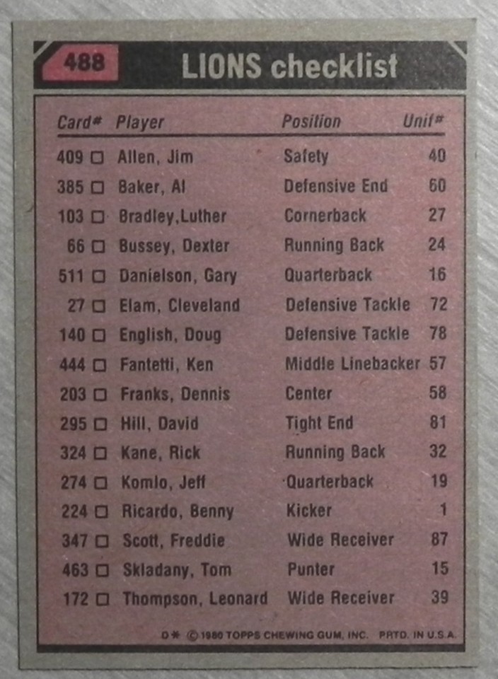 DETROIT LIONS 1980 Topps Checklist Card #488 & TEAM LEADERS _ Card (A ...