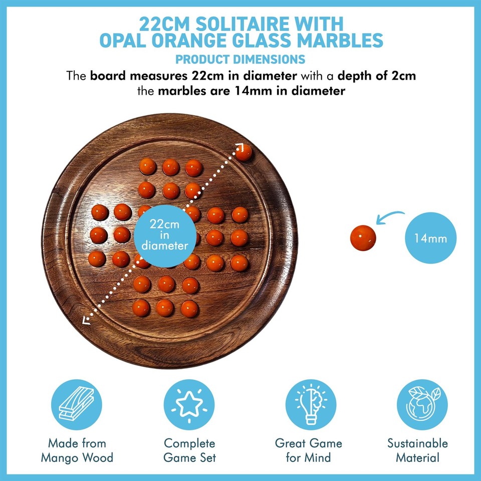 22cm Diameter wooden SOLITAIRE BOARD GAME with OPAL ORANGE GLASS ...