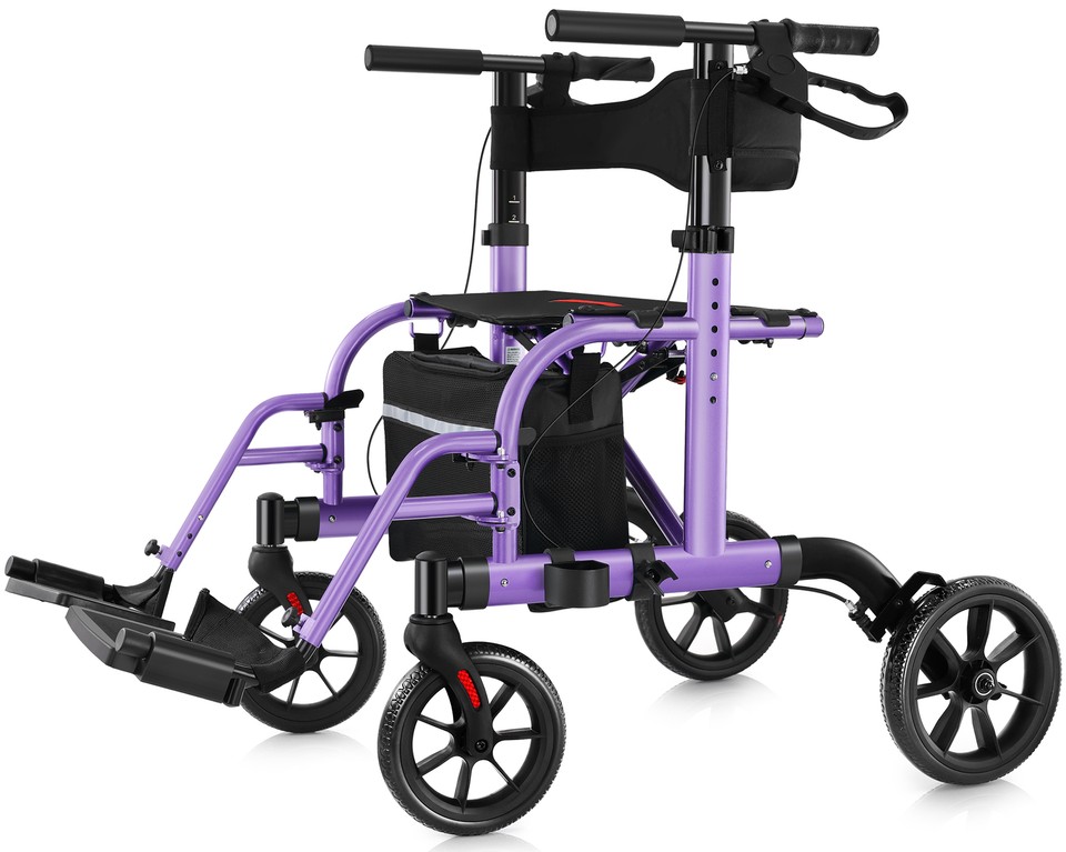 Adjustable 2 in 1 Medical Rollator Walker Folding 10” Wheels Transport ...