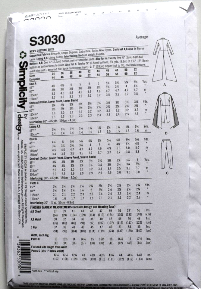 SIMPLICITY PATTERN 3030 COSTUMES COAT PANTS MENS SIZES 34 36 38 40 42 ...