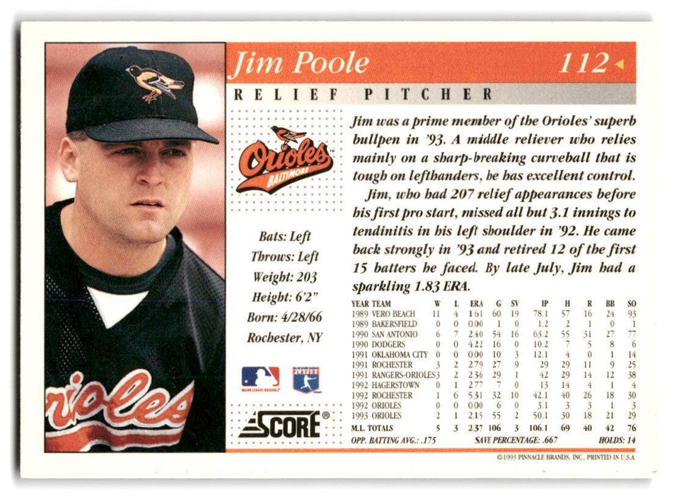 Jim Poole 1994 Score Baseball #112 Baltimore Orioles | eBay