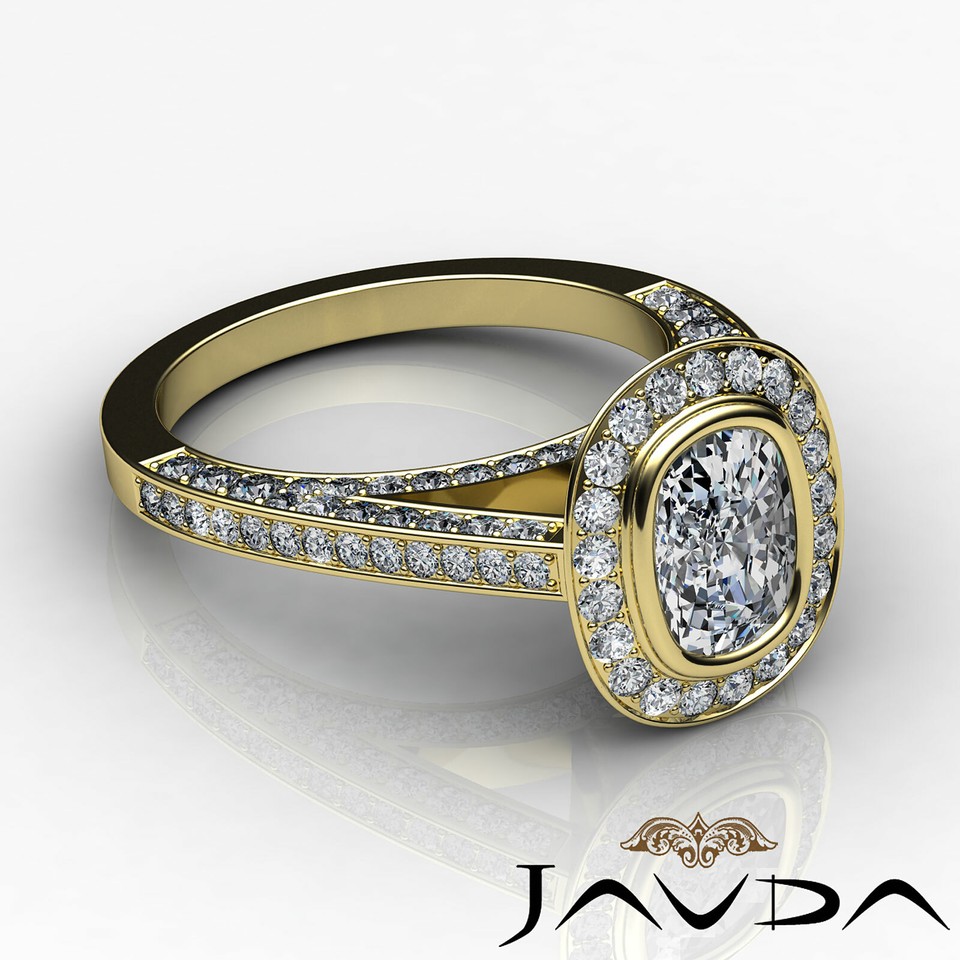Bridge Accent Bezel Set Halo Cushion Cut Diamond Engagement Ring GIA F ...
