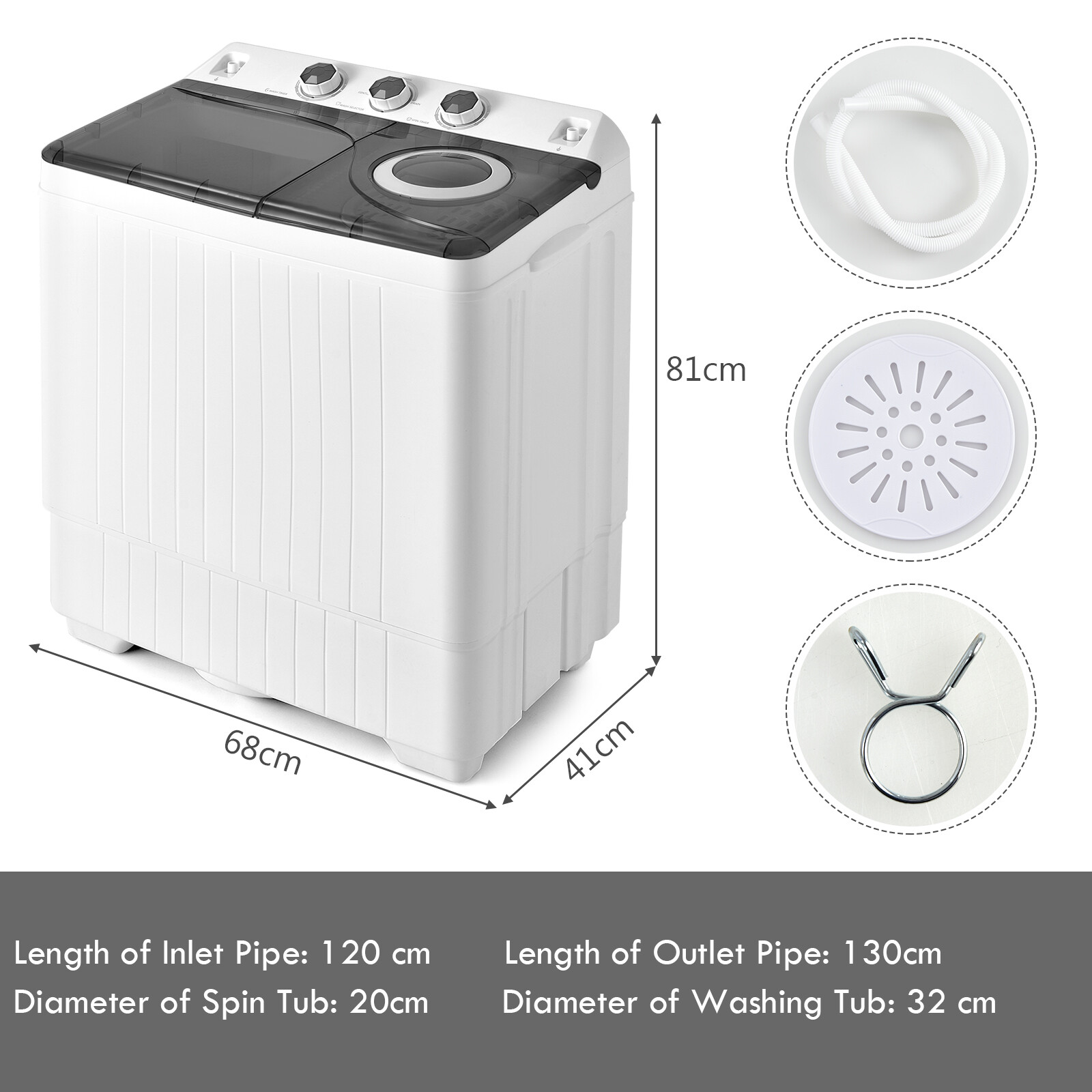 Twin Tub Washing Machine Portable Laundry Washer Machine 6.5KG Washer+ ...