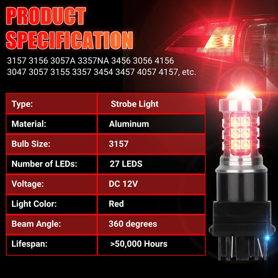 4x 3157 Bright LED Red Strobe Flash Blinking Brake Tail Stop Light ...