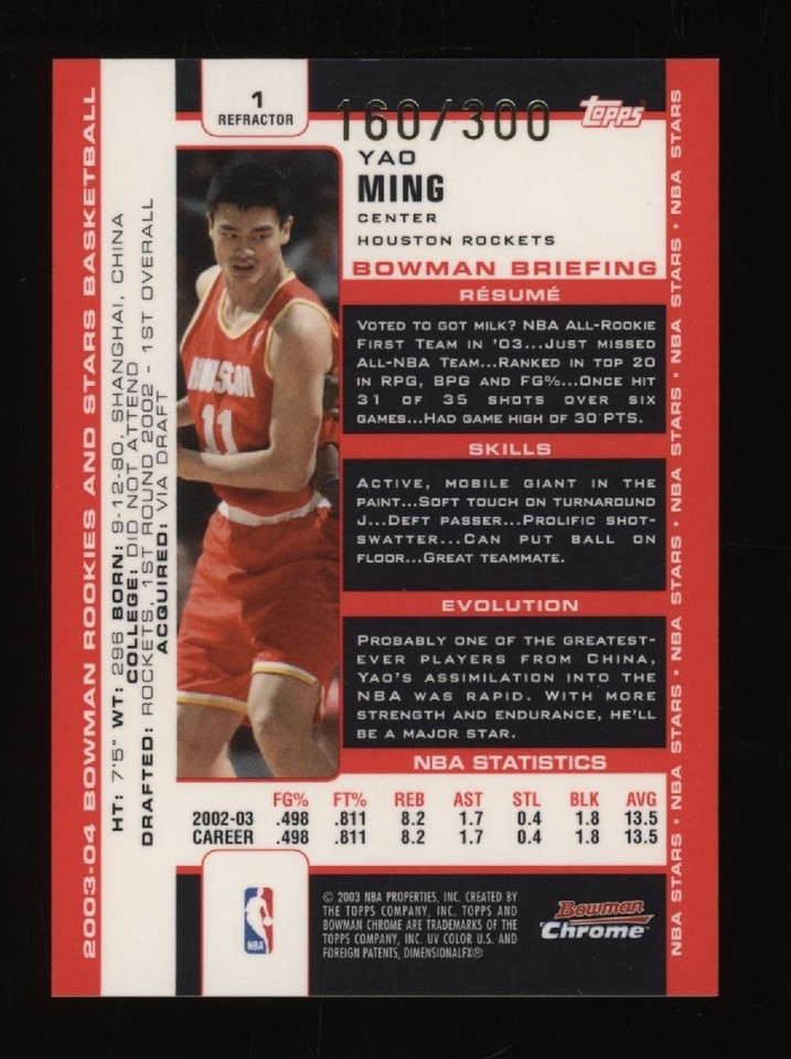 2003-04 Yao Ming Bowman Chrome Basketball Refractor #160/300 *NICE* Invest NOW | eBay