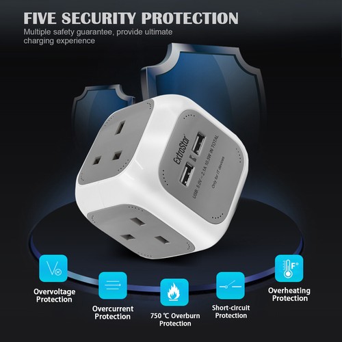4 Way Power Cube Socket with 2 USB Ports & 1.5M STATUS Extension Lead ...