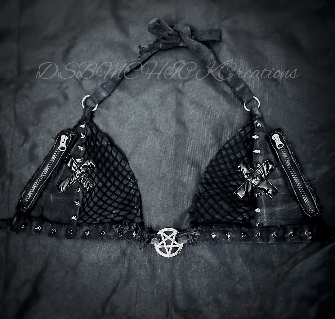 CRASH & BURN Black Denim/Fishnet Pentagram Distressed Bikini Top Rave ...