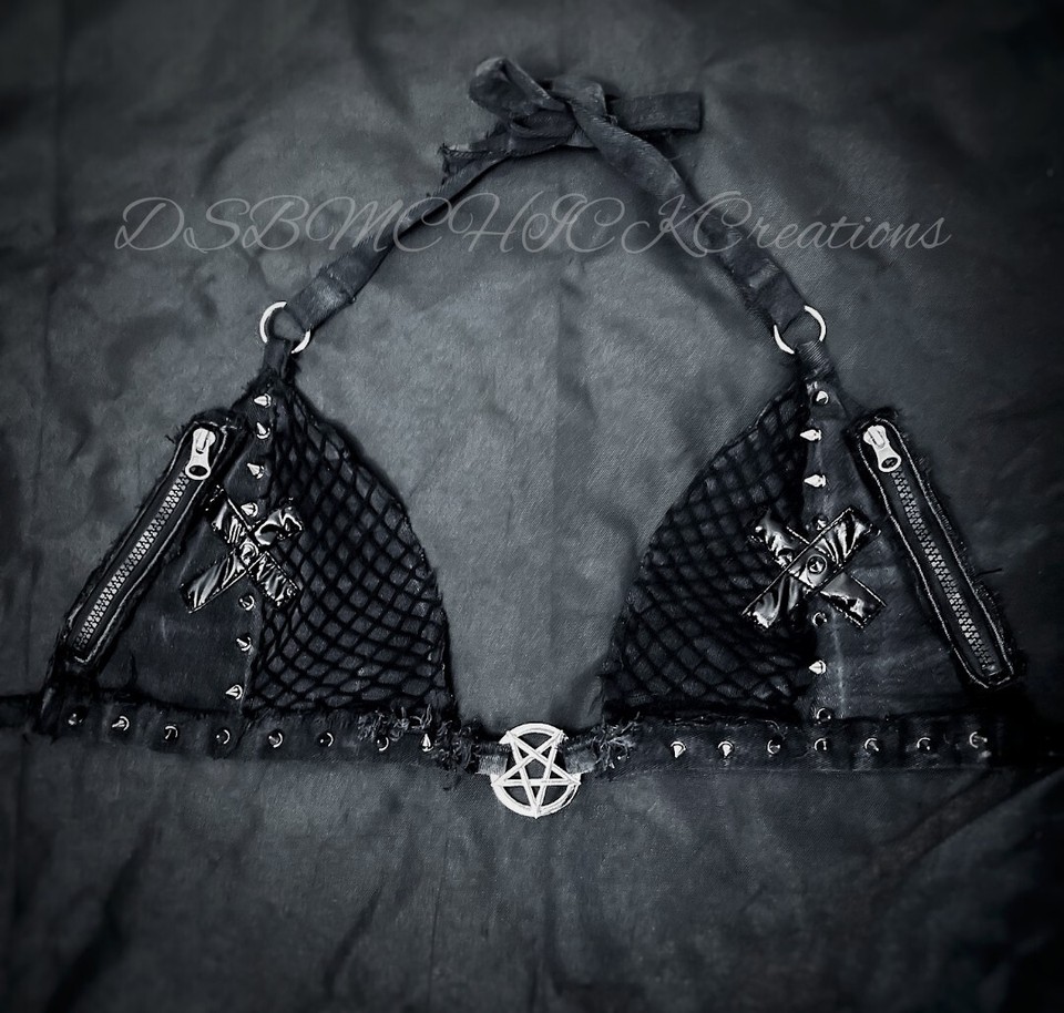 CRASH & BURN Black Denim/Fishnet Pentagram Distressed Bikini Top Rave ...