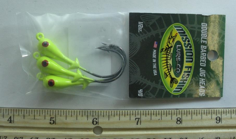 Mission Fishin 10322 Double Barbed Jig Head 1/2 oz 4/0 Hook Chartreuse ...