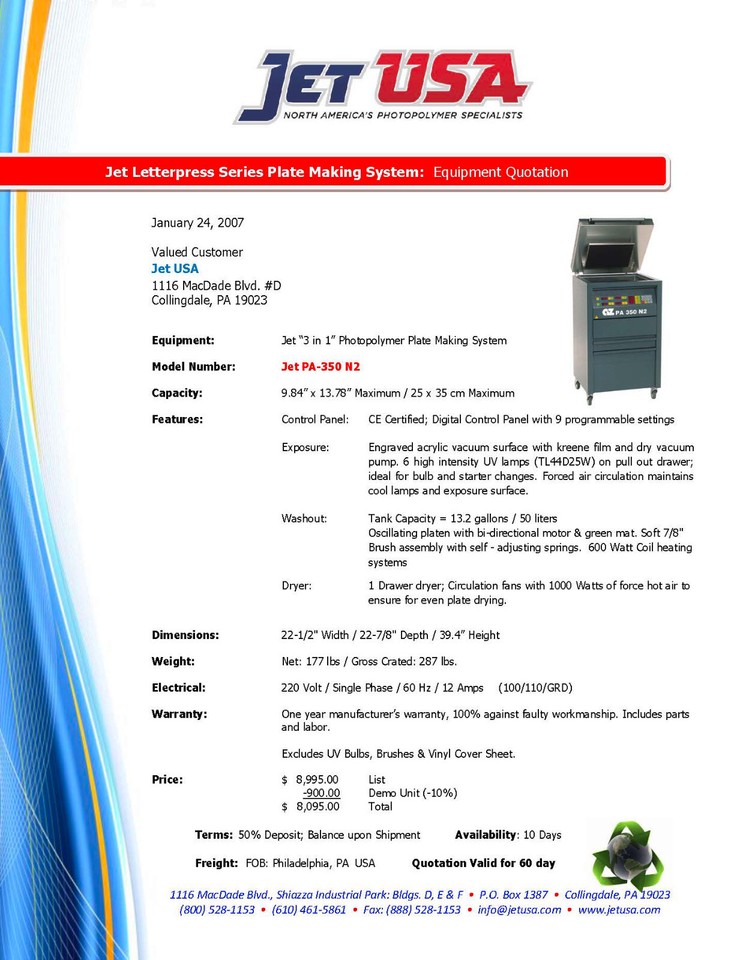 Jet PA-350 N2 - Water Wash Photopolymer Processor - NEW / DEMO FREE S&H ...