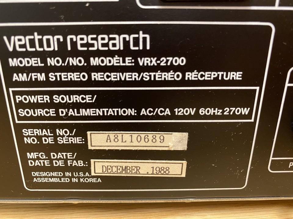 Vintage VECTOR RESEARCH VRX-2700 AM/FM STEREO RECEIVER 1988 Tested ...