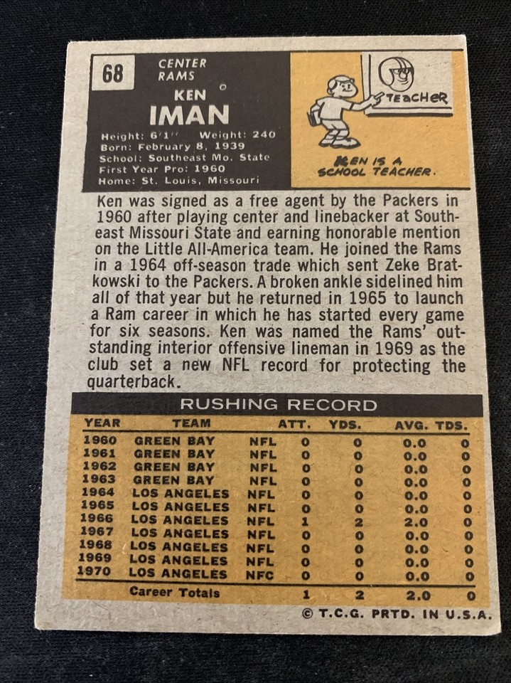 1971 Topps Football # 68 Ken Iman RC Los Angeles Rams | eBay