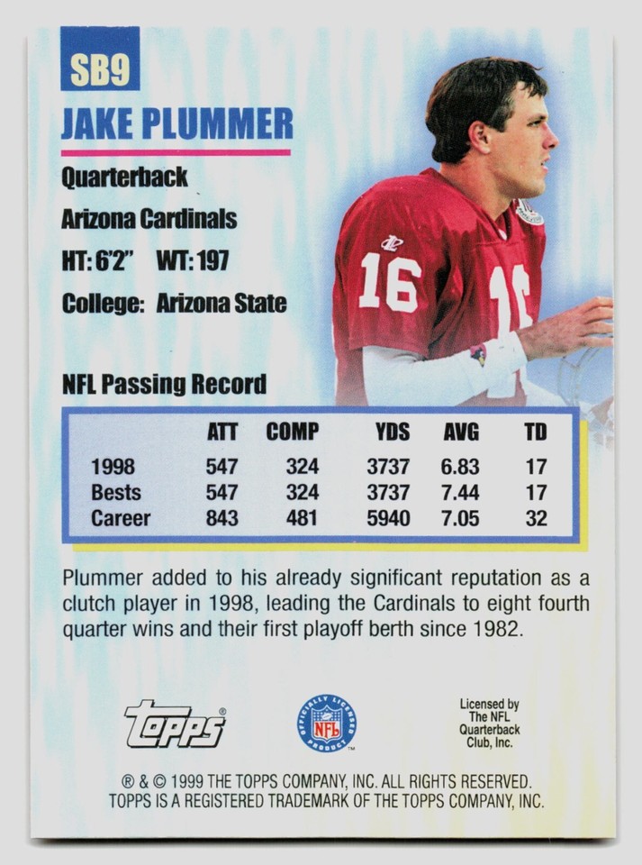 1999 Topps - Season's Best #SB9 JAKE PLUMMER Arizona Cardinals NICE ...