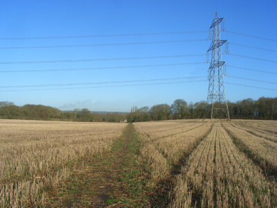 Photo 6x4 Farmland, Sulhamstead Sheffield Bottom Stubble, pylon and the ...