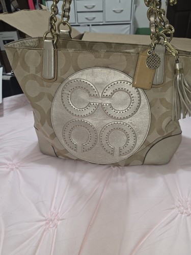 Coach Beige Gold Logo Print Shoulder Bag Gold Hardware Tassel Charm ...