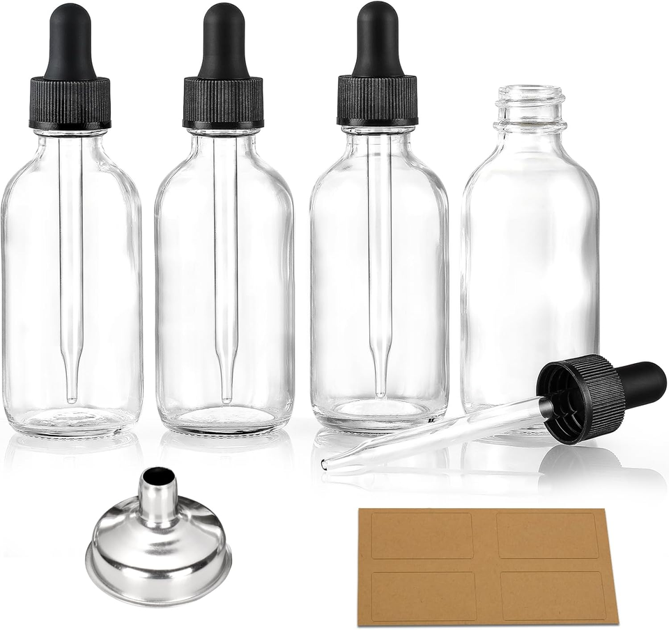 Set of 4, 1 Oz Clear Eye Dropper Bottles with 1 Stainless Steel Funnels ...