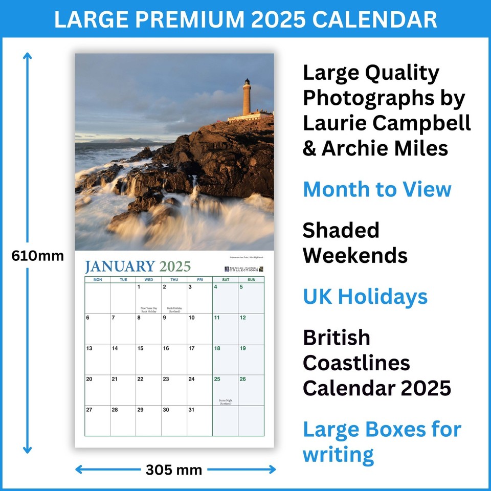 Calendar 2025 British Coastlines UK Holidays Official Large MADE IN ...
