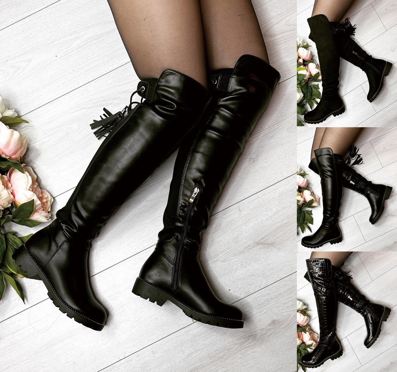 WOMENS LADIES STUDED ZIP KNEE HIGH THIGH STRETCH OVER KNEE LOW FLAT ...